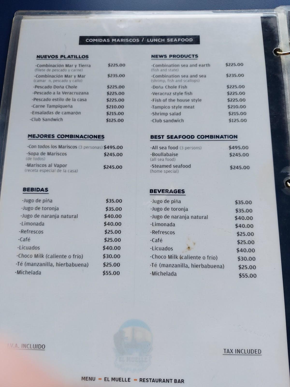 Menu at El Muelle restaurant, Santa Rosalía
