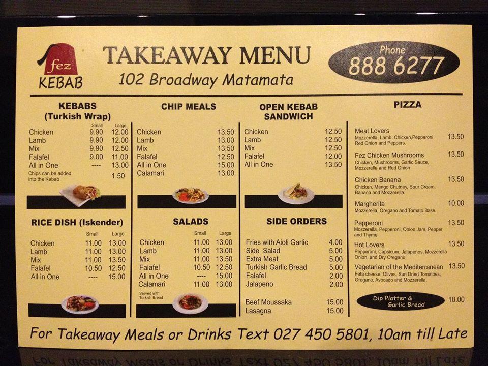 Menu at Fez Kebab Matamata restaurant, Matamata, 102 Broadway