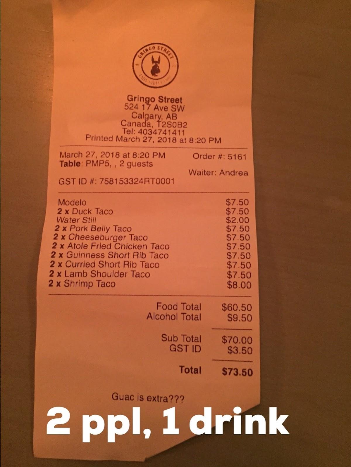 Menu at Gringo Street restaurant, Calgary