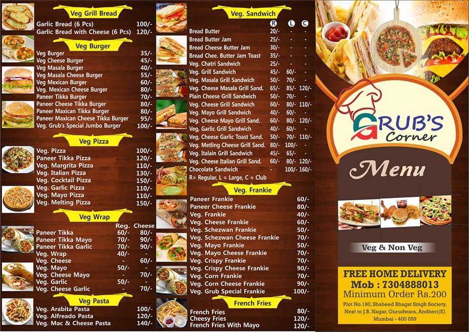 Menu at Grub's Corner, Mumbai