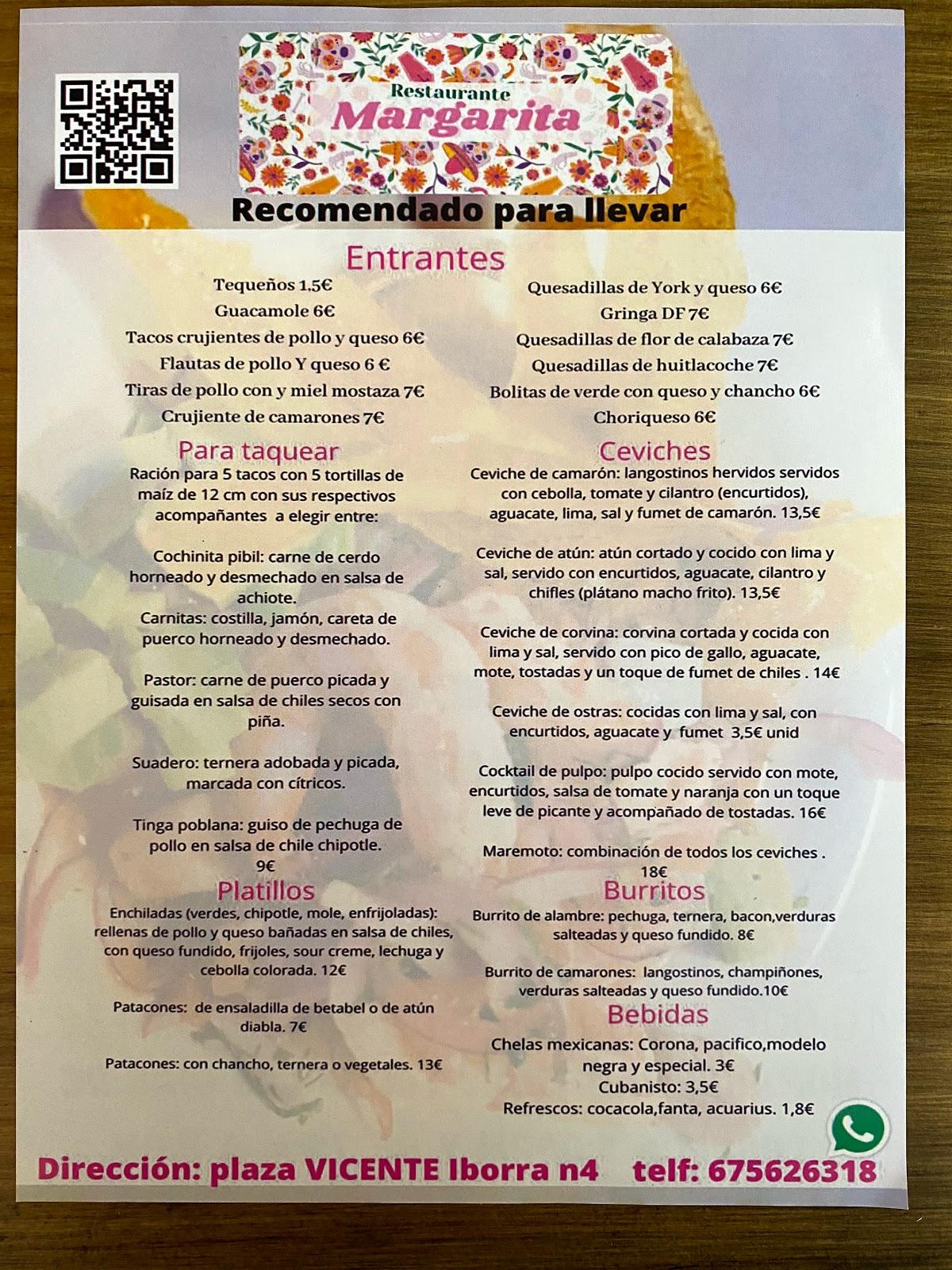Carta del restaurante Margarita, Valencia