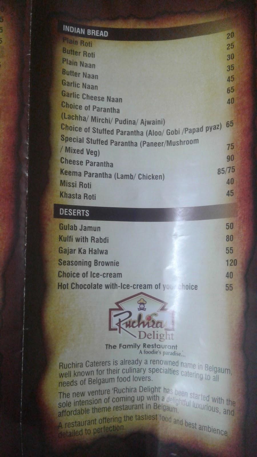 Menu at Ruchira Delight, Belgaum