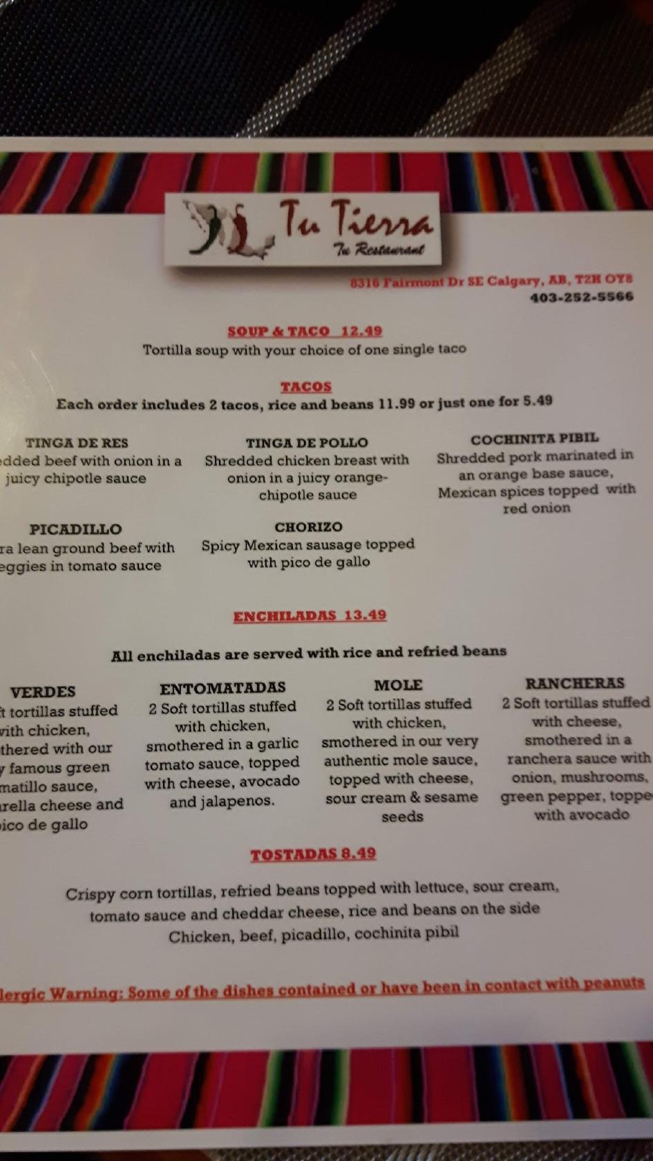 Menu at Tu Tierra Restaurant, Calgary, Bonaventure Dr SE