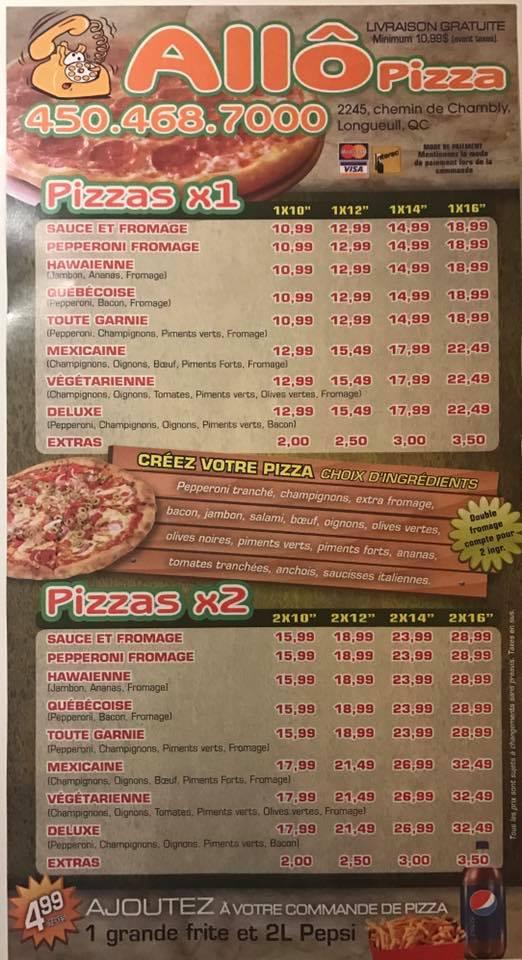 Menu at Allo Pizza pizzeria, Longueuil