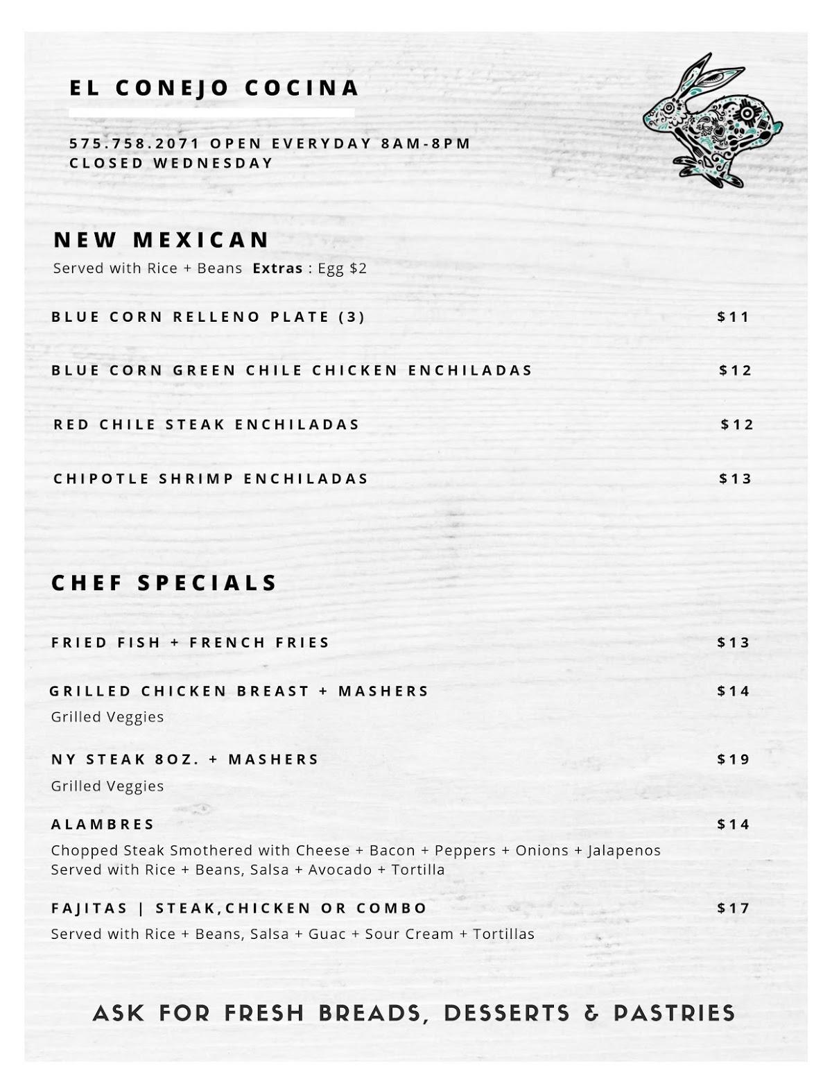 Menu at El Conejo Cocina restaurant, Taos