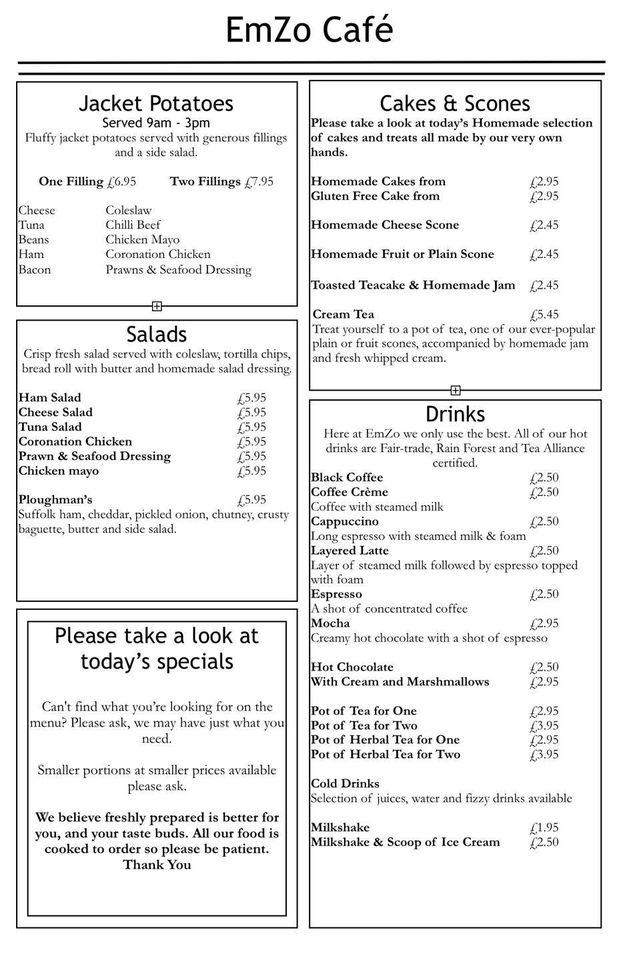 Menu at EmZo Gift Home And Café restaurant, Bacton