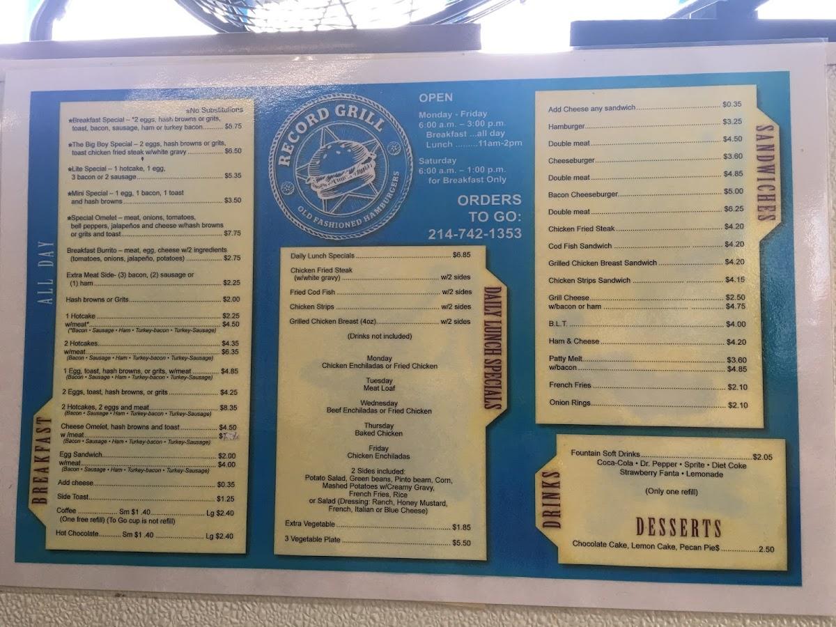 Menu at Record Grill restaurant, Dallas