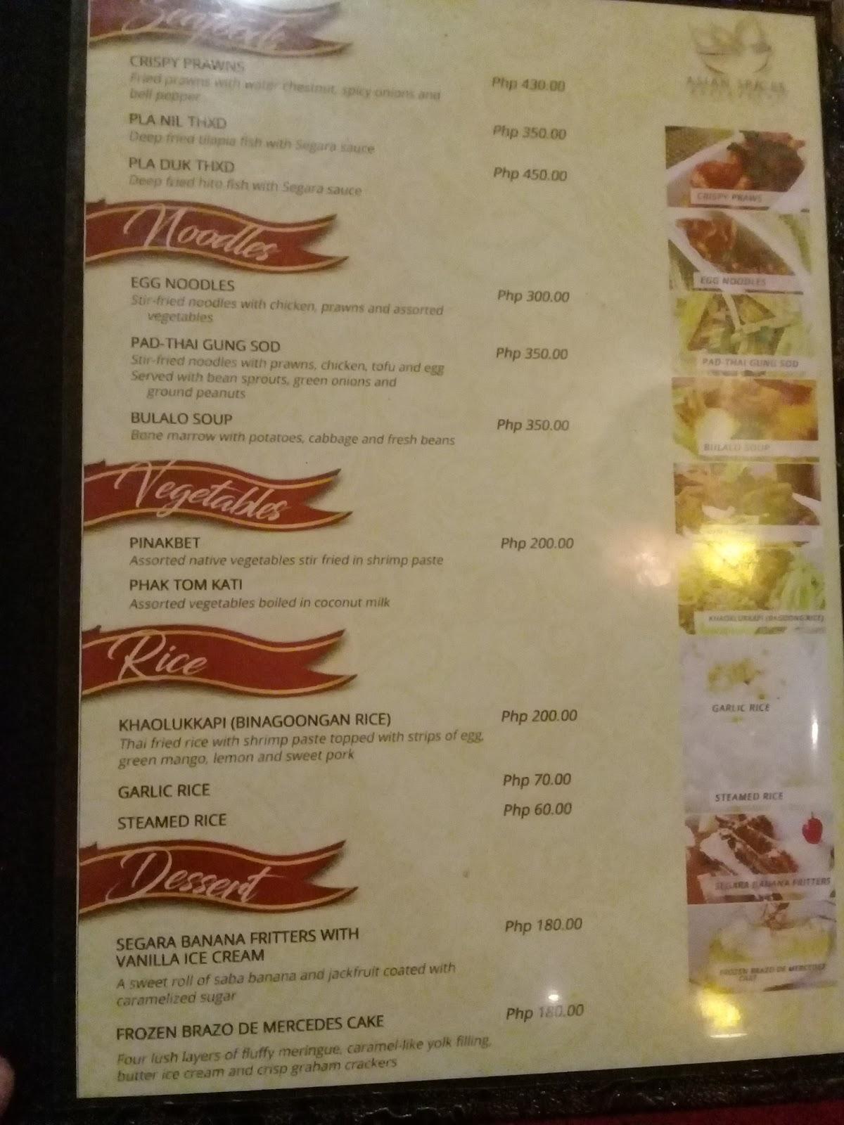 Menu at Segara Spices Restaurant Subic, Subic Bay Freeport Zone