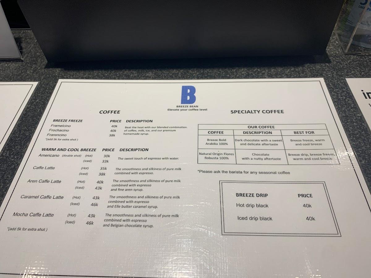 Menu at Breeze Bean Coffee, Surabaya, Jl. Pandegiling No.63