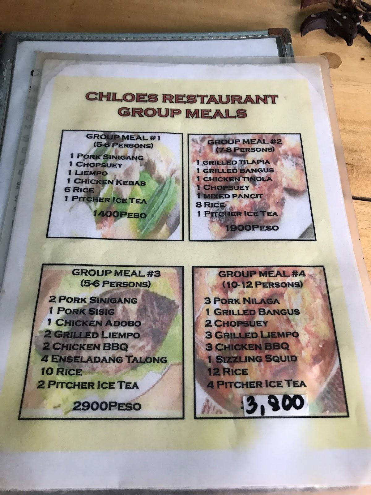 Menu at Chloes' Seafood Restaurant, Puerto Galera