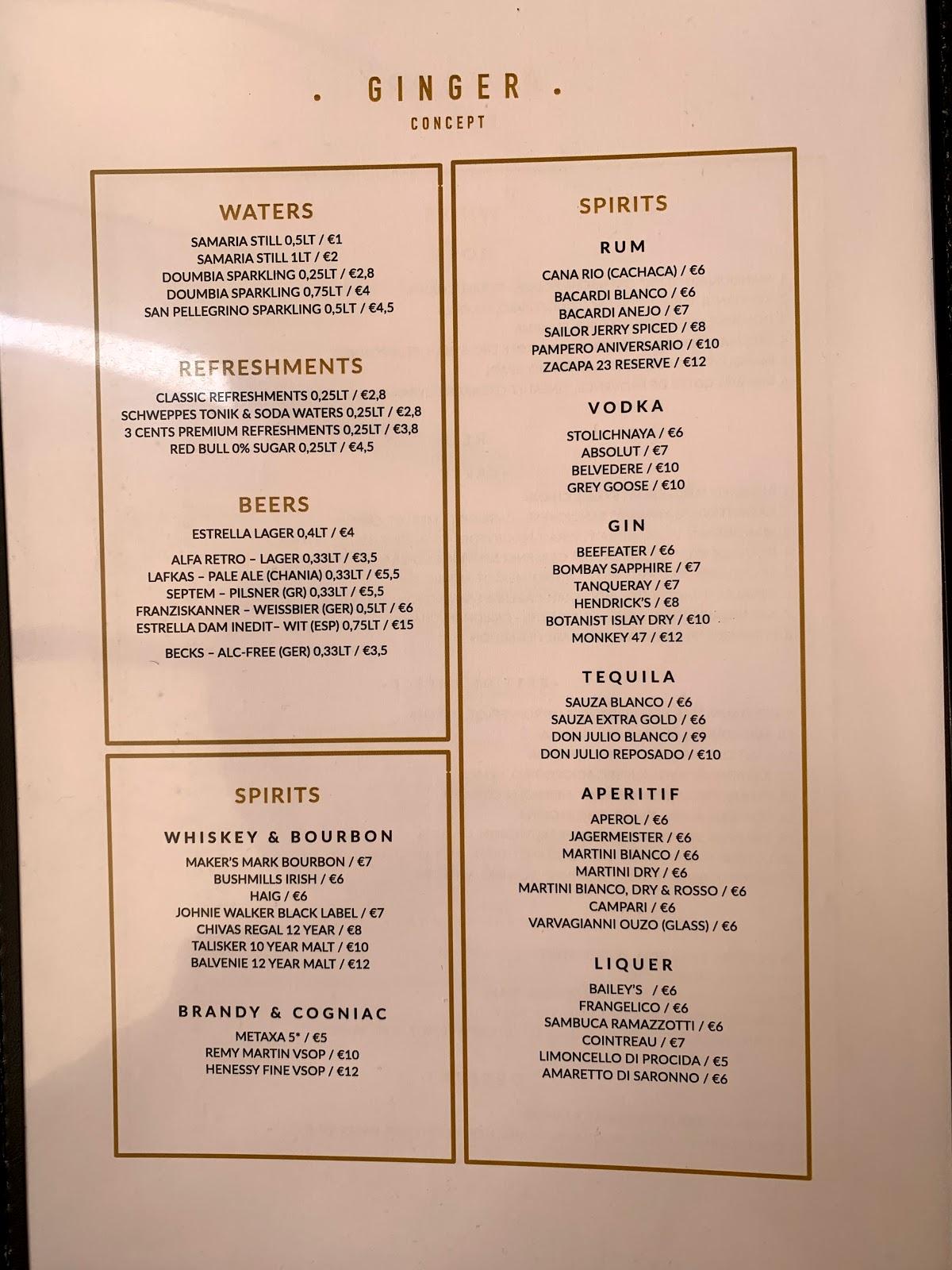 Menu at Ginger Concept, Chania, Sarpaki 36
