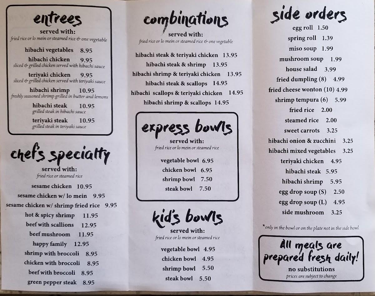 Menu at Mei's Japanese Express restaurant, Eastman