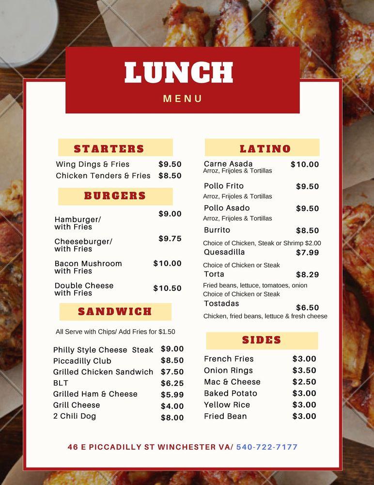 Menu at Piccadilly Grill Diner cafe, Winchester, 46 E Piccadilly St