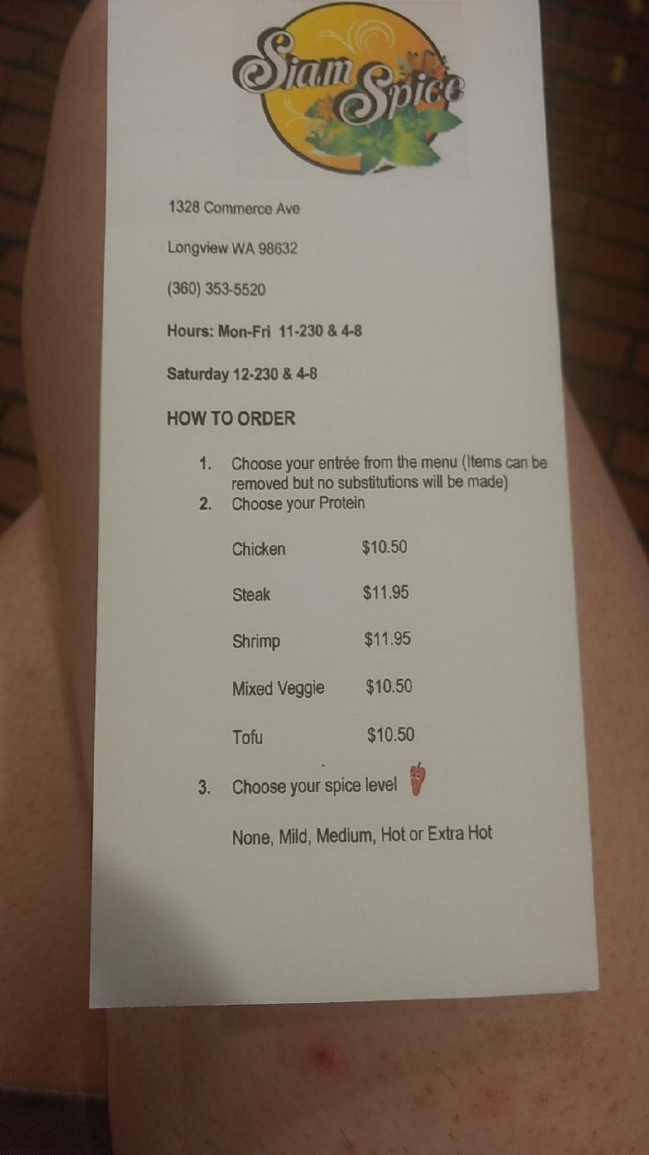 Menu at Siam Spice restaurant, Longview