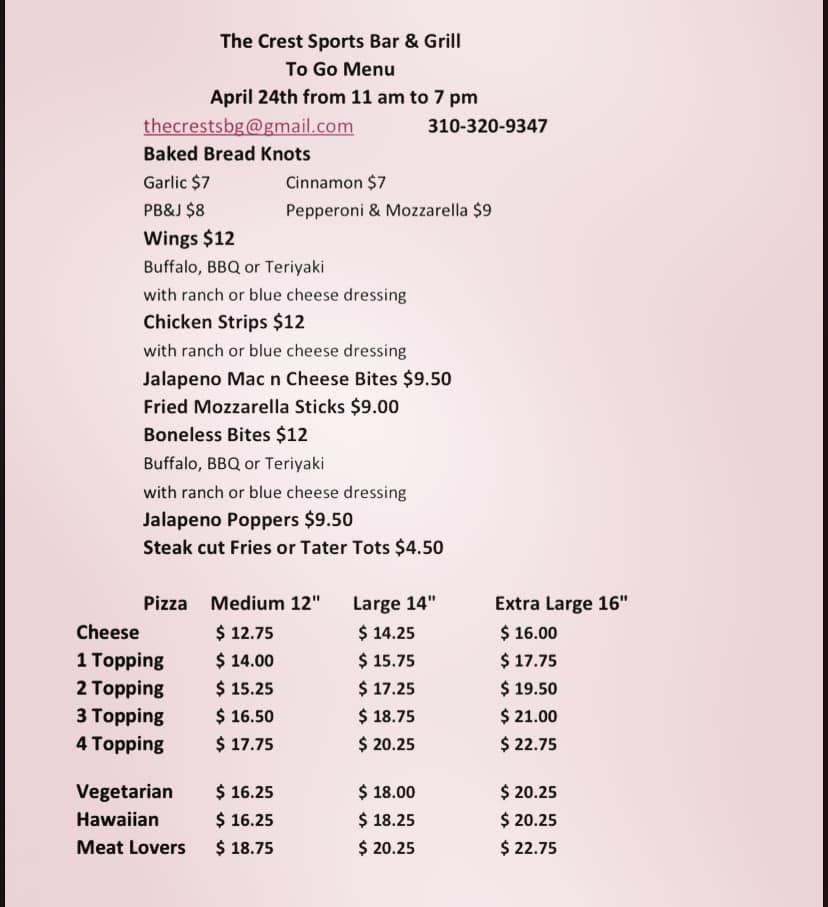 Menu at The Crest Sports Bar & Grill, Torrance