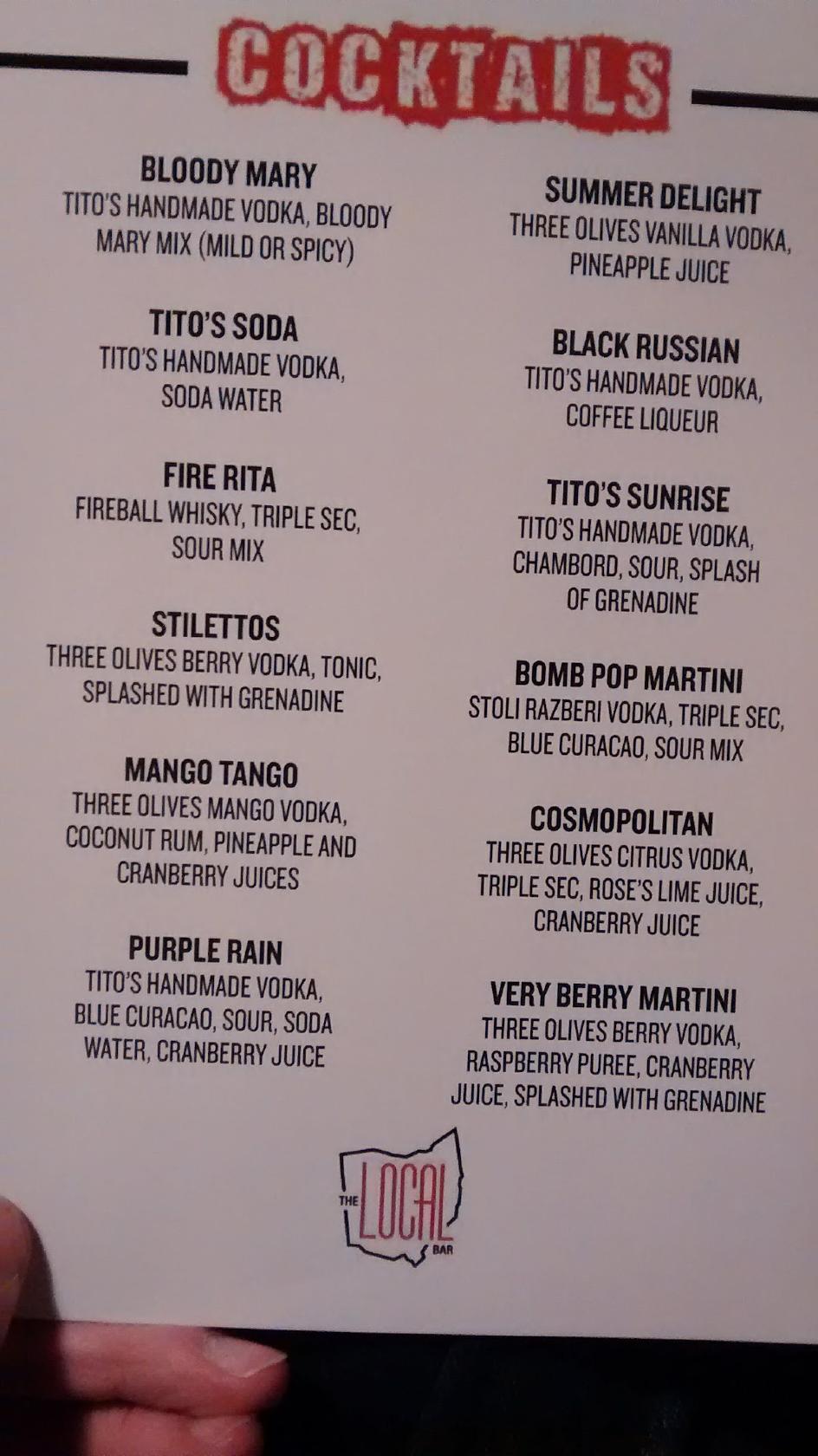 Menu at The Local Bar, Strongsville