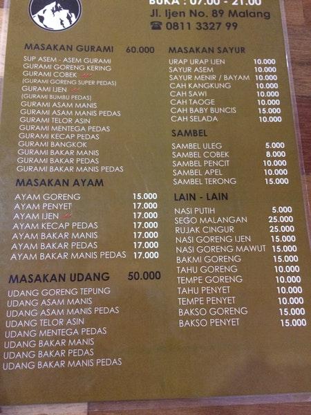 Menu at Warung Ijen restaurant, Malang, 89