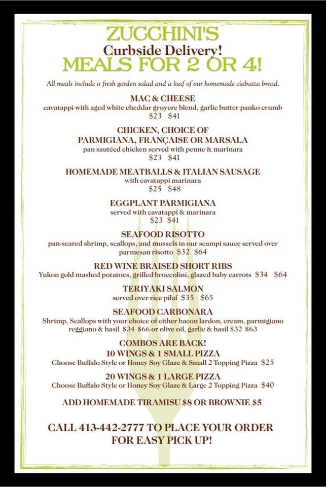 Menu at Zucchini's pizzeria, Pittsfield