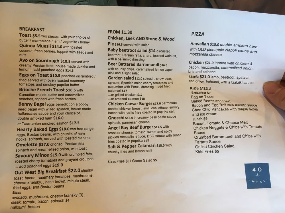 Menu at 40 West Cafe and Bar, South Ripley