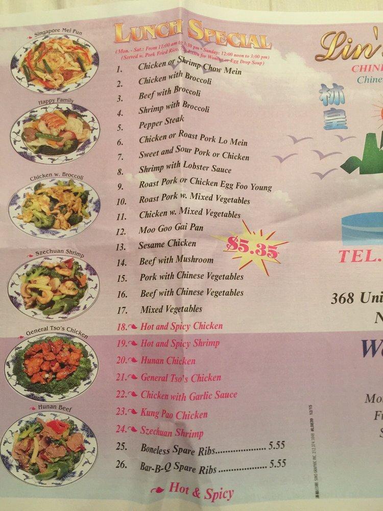 Menu at Lin's Family Chinese Restaurant, New City