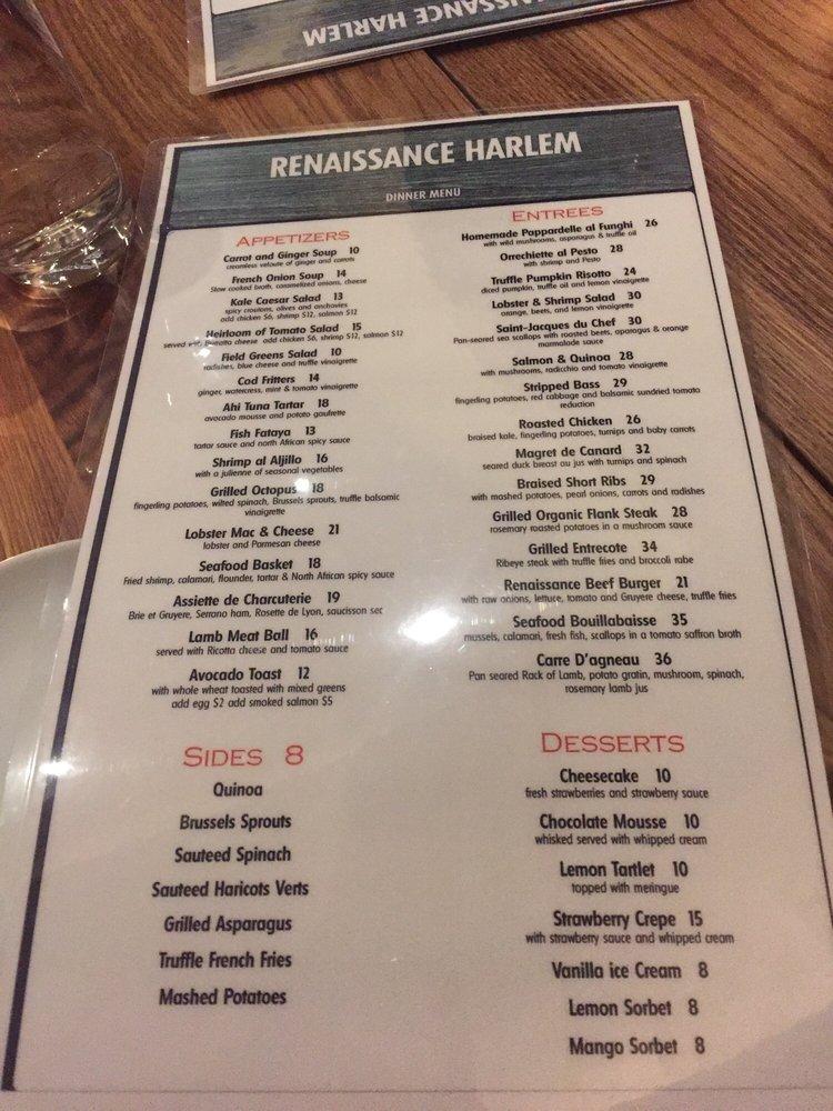 Menu at Renaissance Harlem restaurant, New York City, Adam Clayton ...