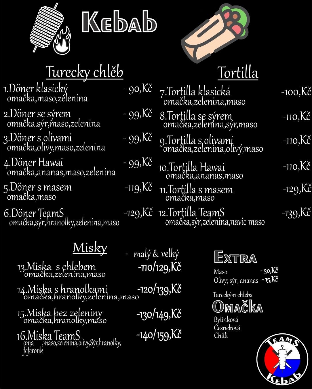 Menu at TeamS Kebab restaurant, Hranice