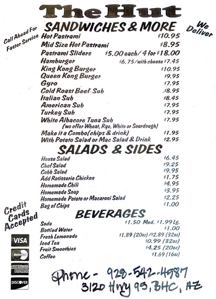 Menu at The Hut restaurant, Bullhead City