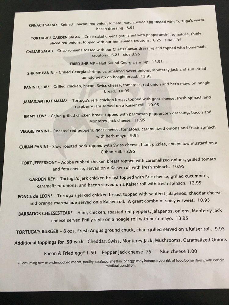 Menu at Tortuga's Island Grille restaurant, Thunderbolt