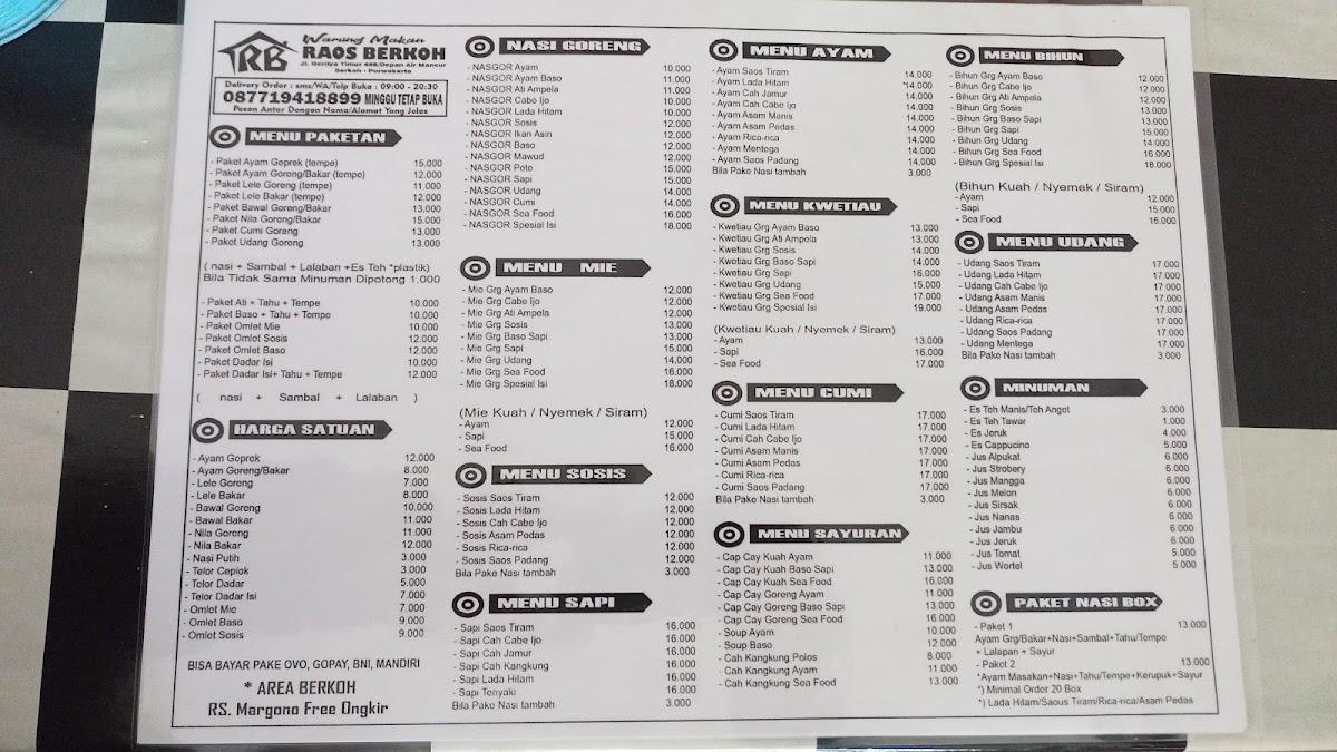 Menu at Warung Makan Raos Berkoh restaurant, Purwokerto