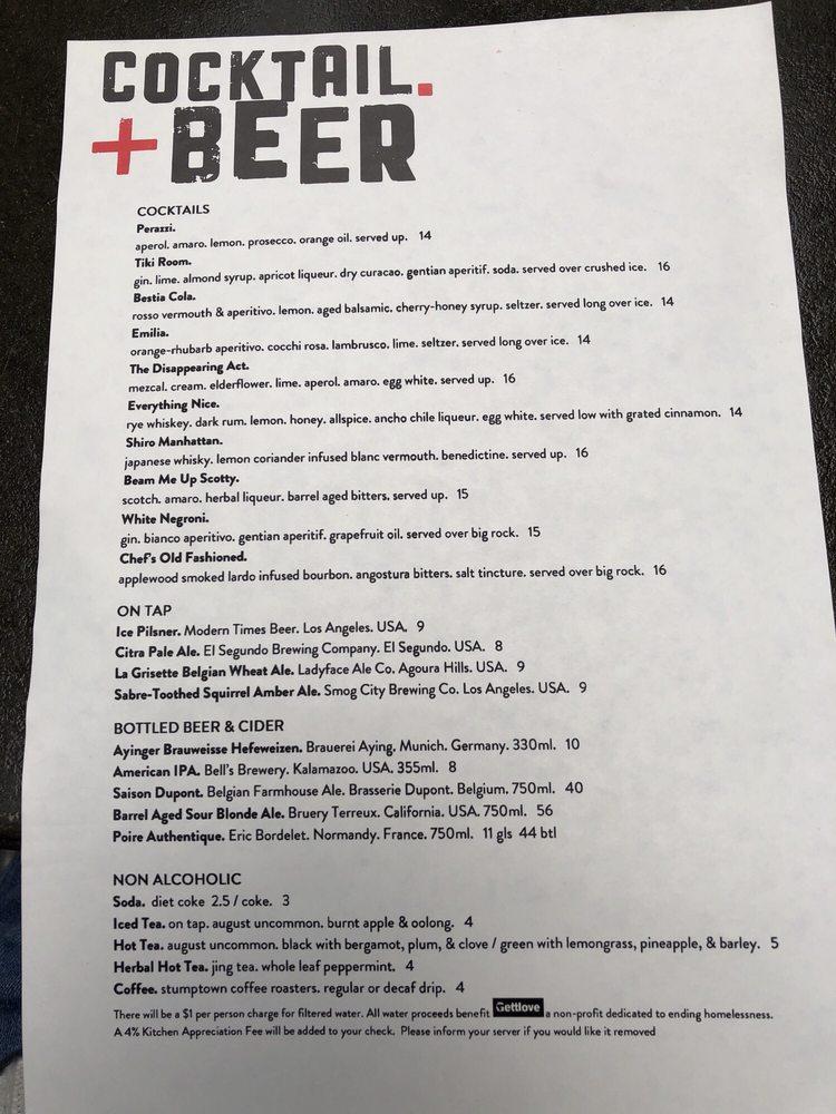 Menu at Bestia pub & bar, Los Angeles