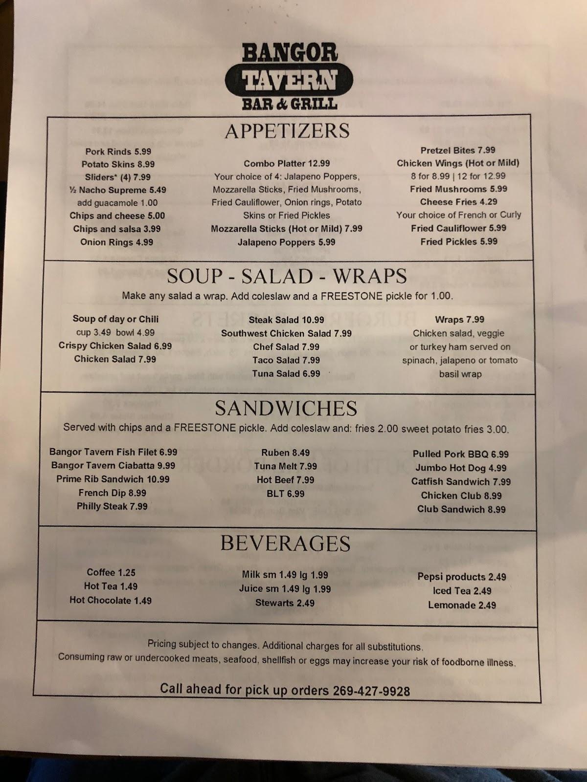 Menu at Bangor Tavern Bar & Grill, Bangor, 233 W Monroe St