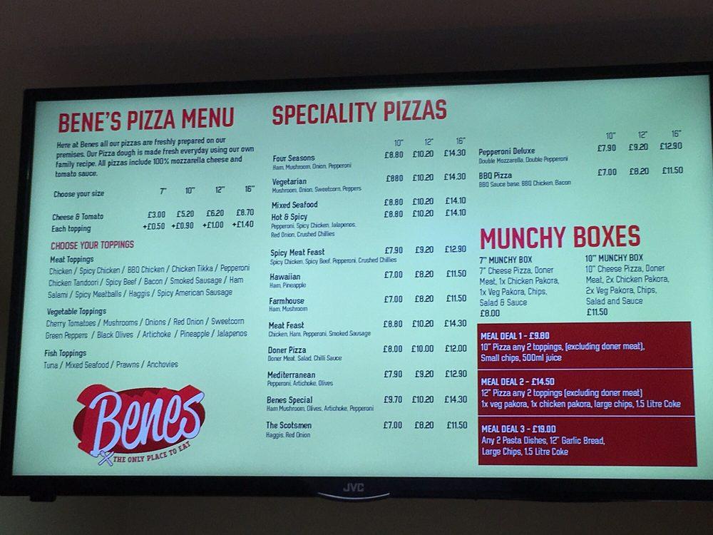 Menu at Bene's restaurant, Edinburgh