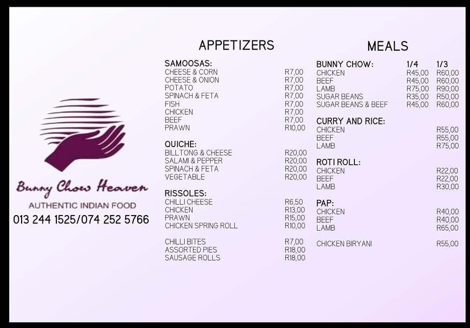 Menu at Bunny Chow Heaven restaurant, South Africa