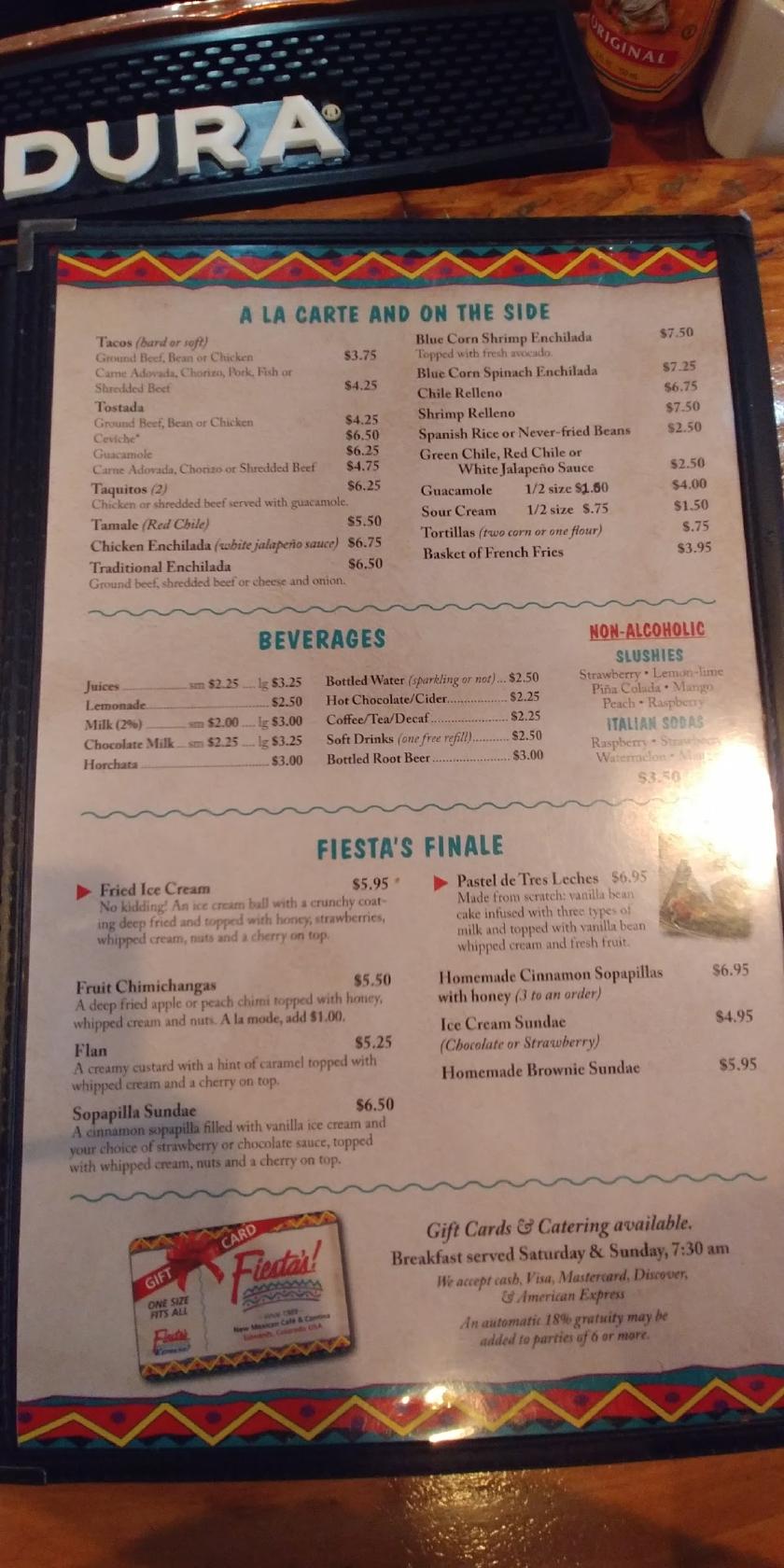 Menu at Fiesta's Cafe & Cantina, Edwards