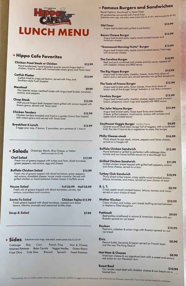 Menu at Hippo Café restaurant, Hutto