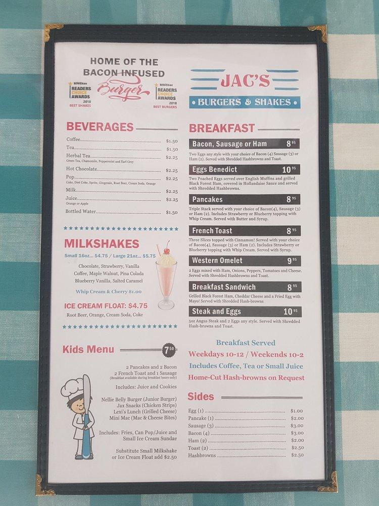 Menu at Jac's Burgers and Shakes restaurant, Bridgewater