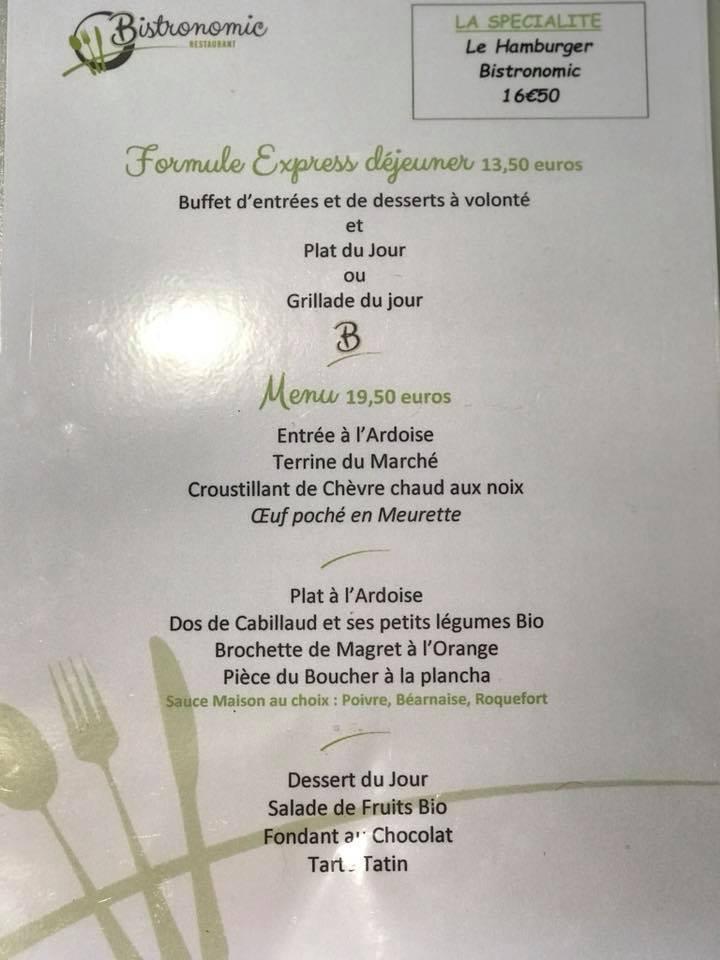 Menu at Le bistronomic restaurant, Morangis