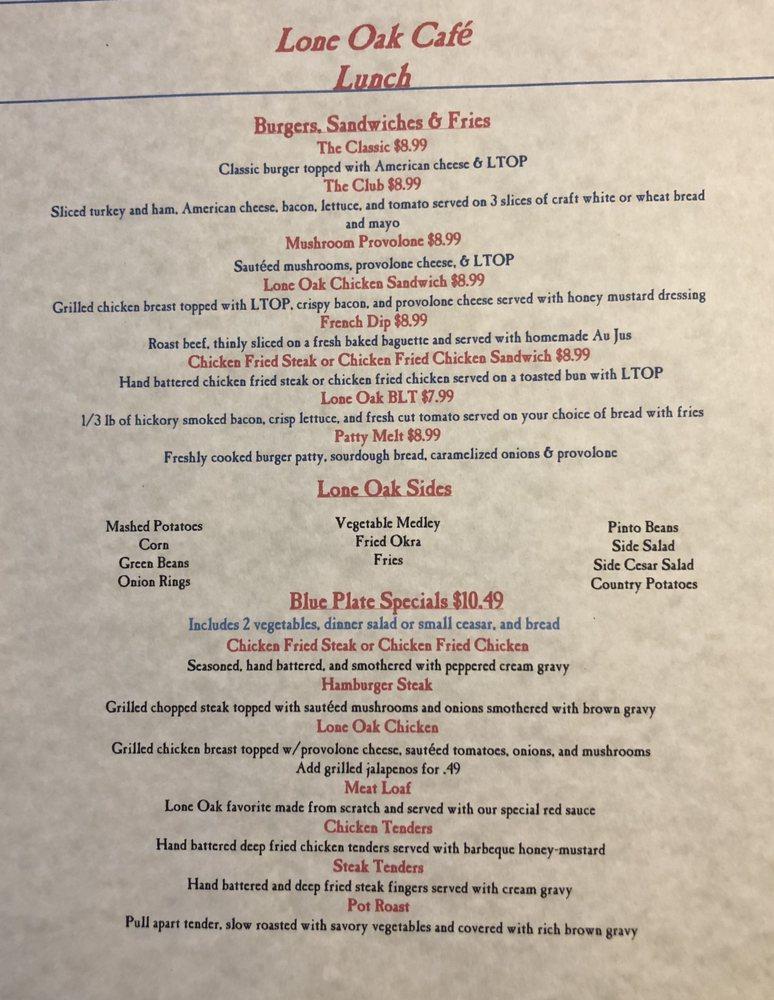 Menu at Lone Oak Cafe, Sanger