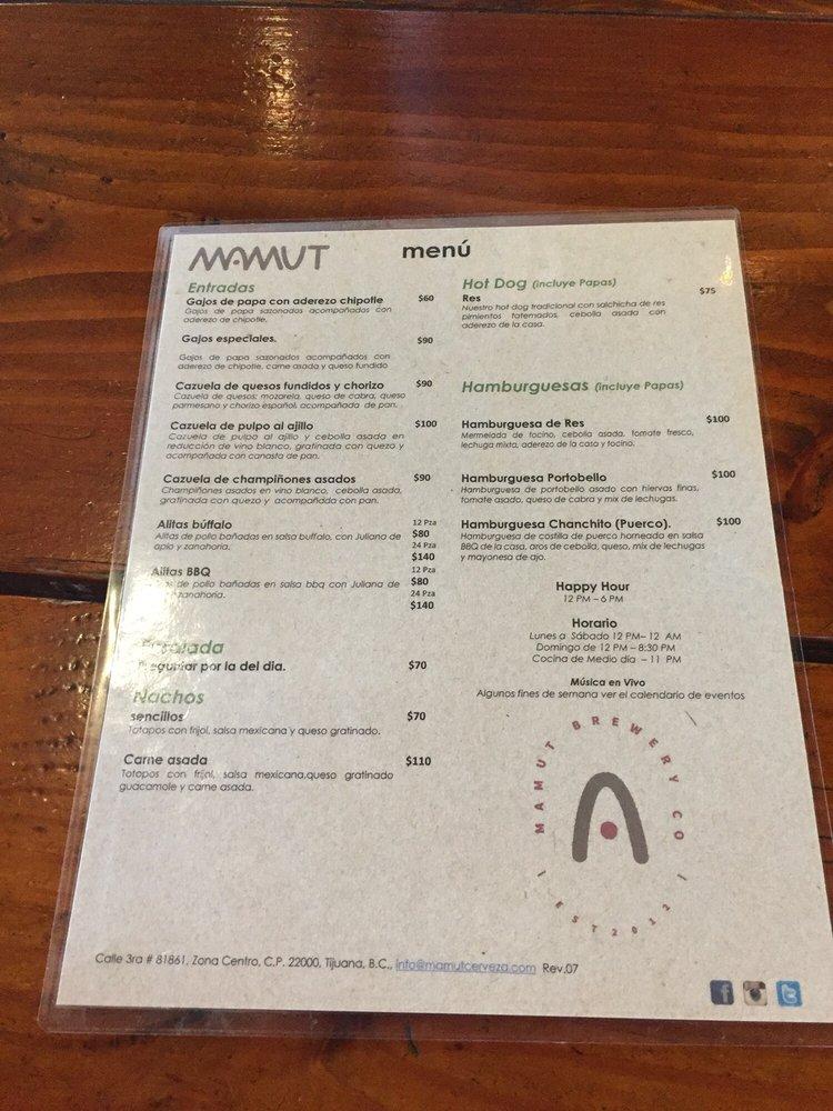 Carta del pub y bar Mamut Cervecería, Tijuana