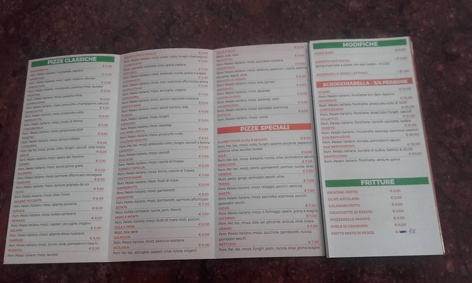 Menu da Planet Pizza pizzeria, Chiari
