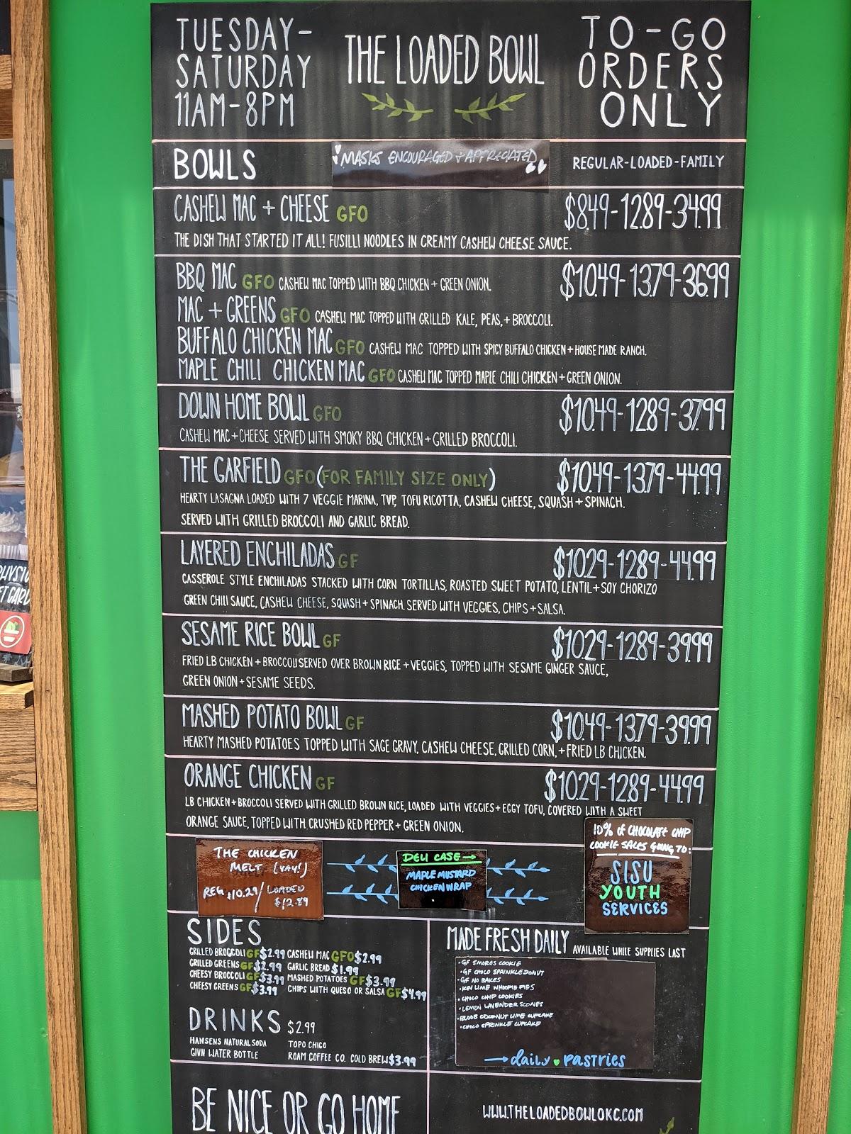 Menu at The Loaded Bowl restaurant, Oklahoma City, SW 2nd St
