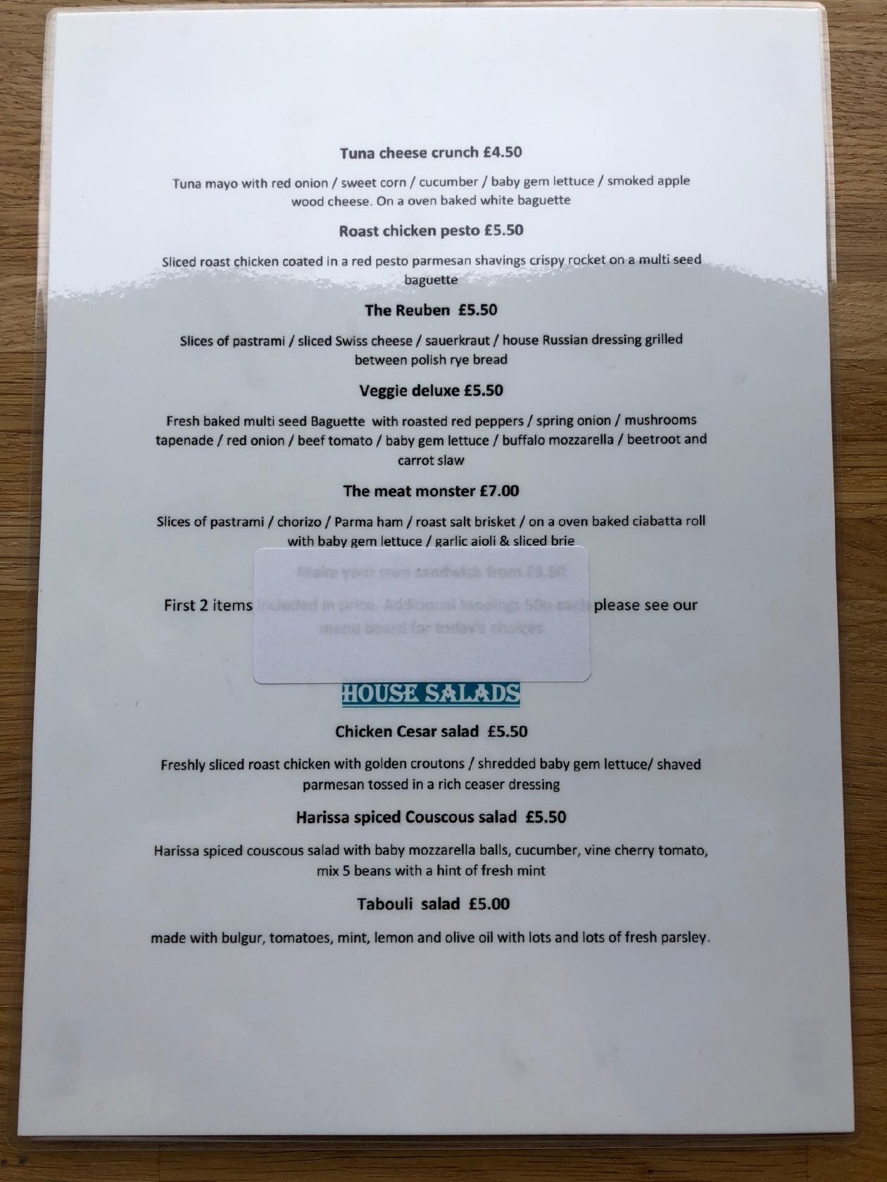 Menu at Thirsty Pallet cafe, Edinburgh