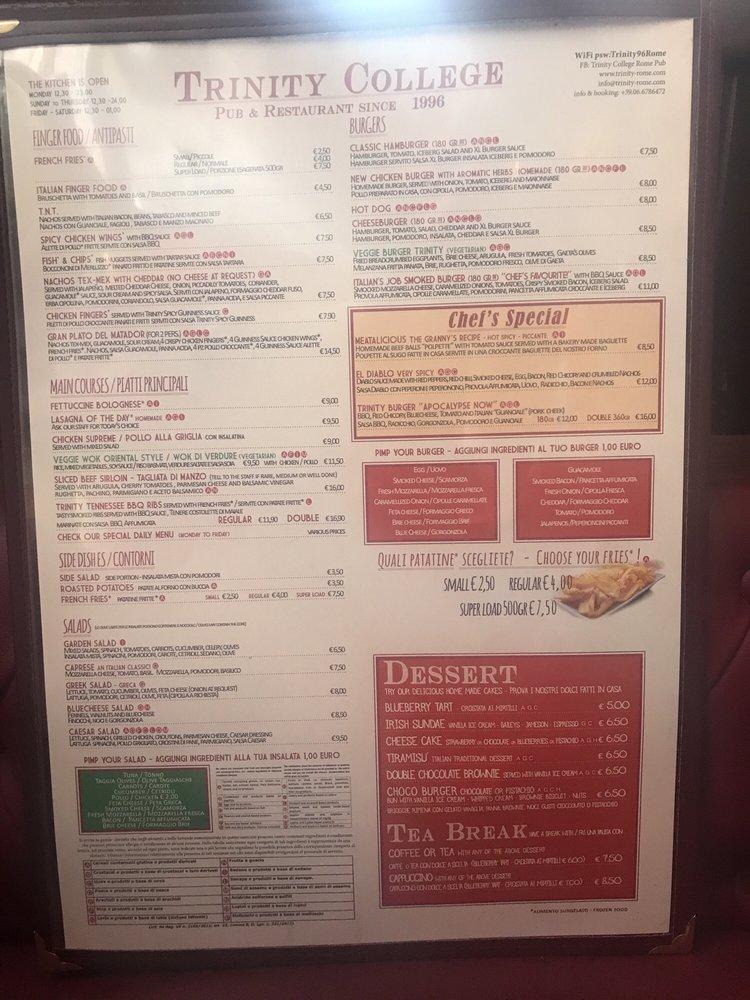 Menu da Trinity College Pub, Roma