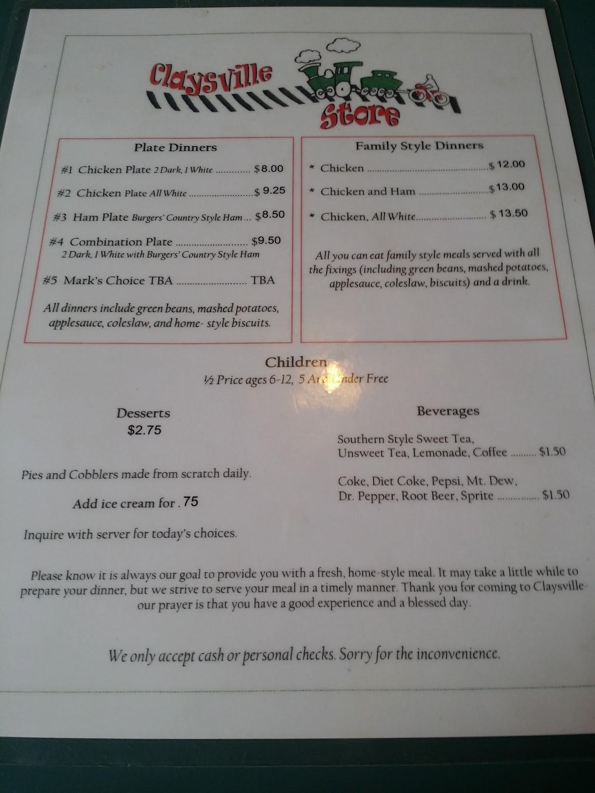 Menu at Claysville Store restaurant, USA