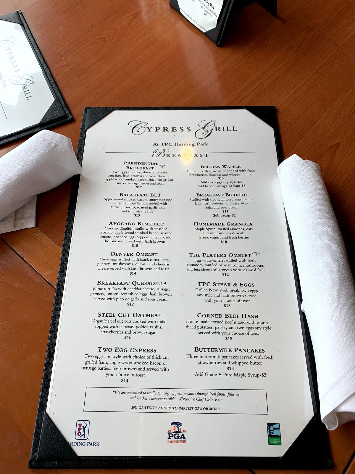 Menu at Cypress Grill restaurant, San Francisco