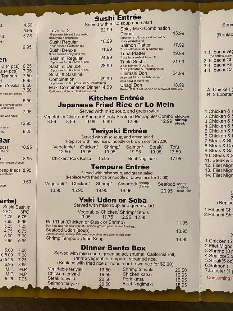 Menu at Hanashi Hibachi and Sushi restaurant, Murphy