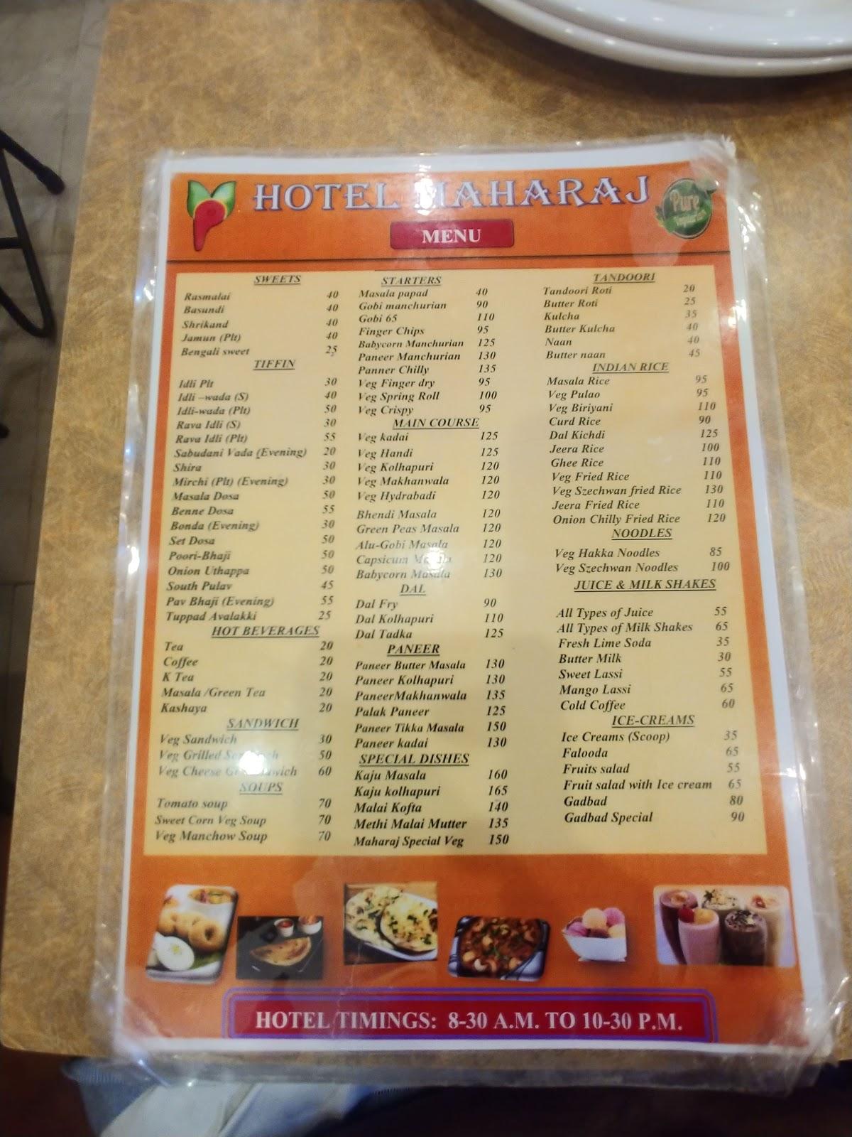 Menu at Maharaja, Dharwad