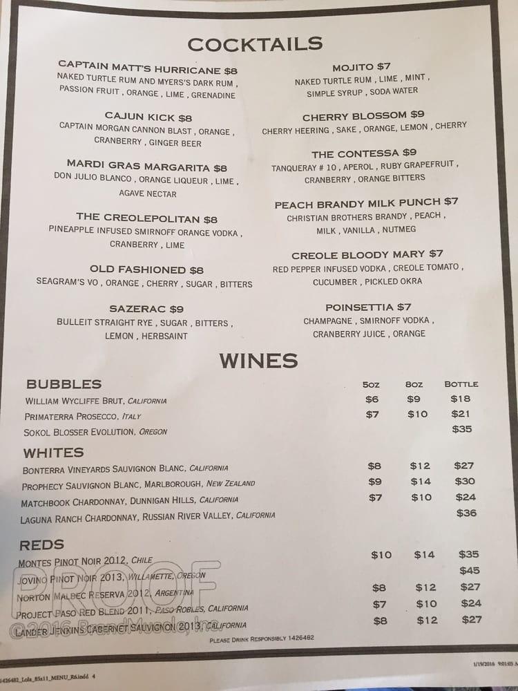 Menu at LoLA restaurant, North Charleston