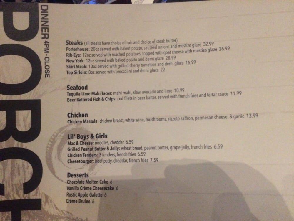 Menu at The Porch steakhouse, Ellensburg