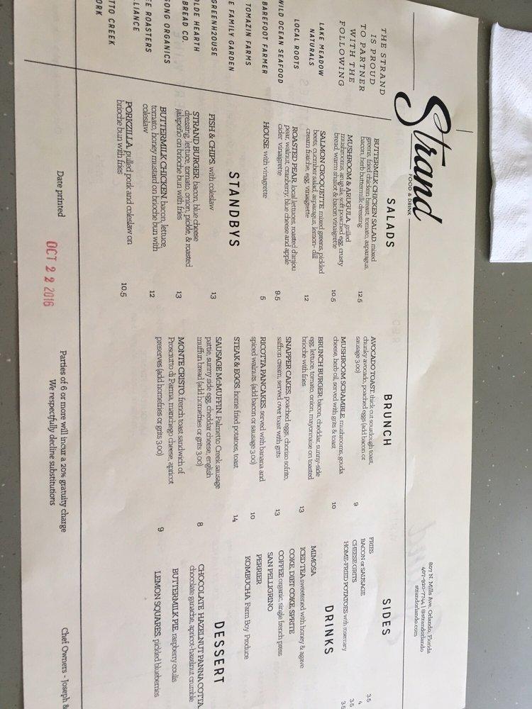 Menu at The Strand restaurant, Orlando